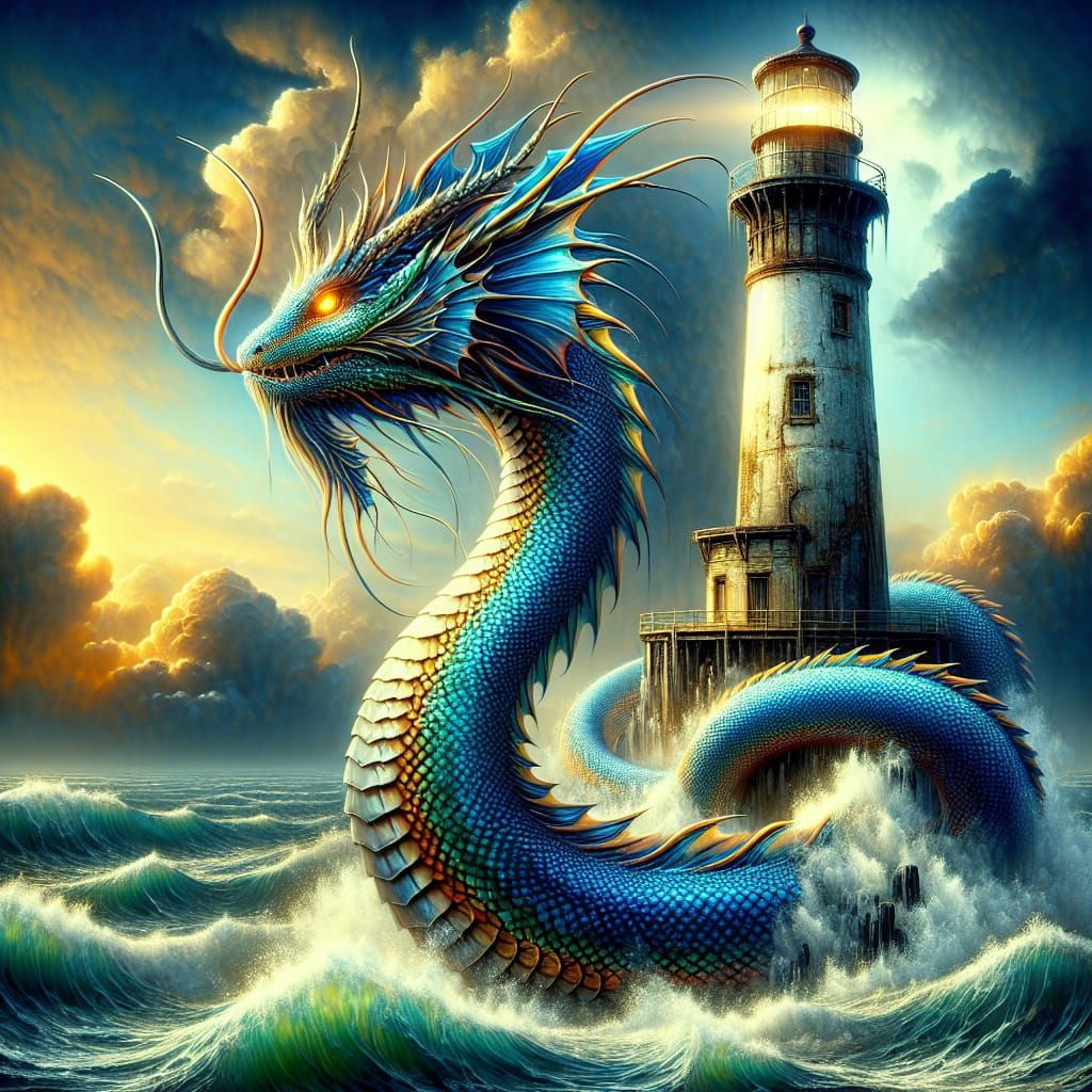 an adorable sea serpent coiled around an old lighthouse in a stormy sea ...