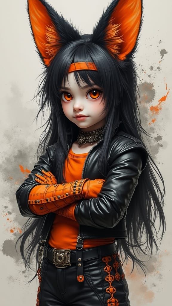 An anime-style Victorian female Goth midget Queen with orange-tinged ...