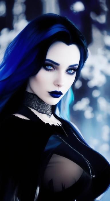 Realistic portrait of a beautiful gothic young lady with long neon blue ...