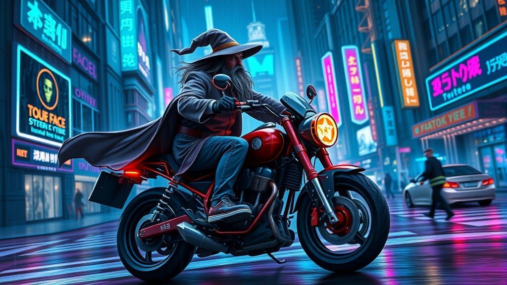 Cyberpunk Wizard Rides Through Neon City - AI Art