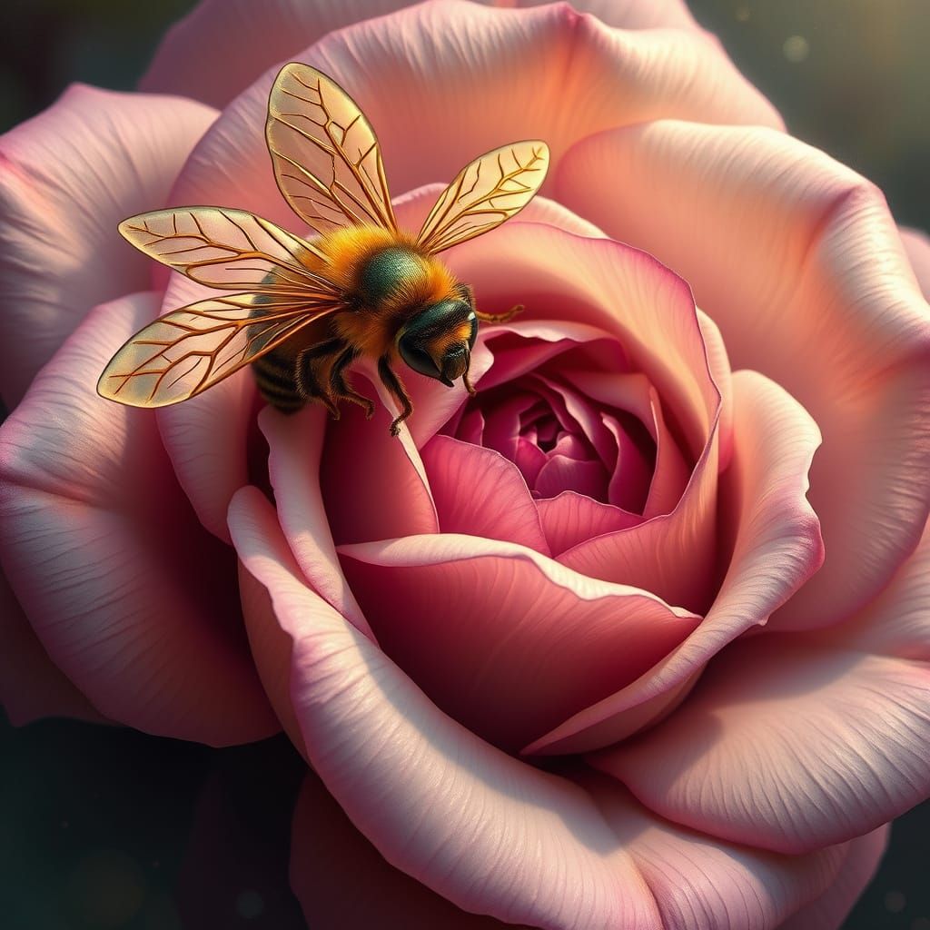 A majestic bee, its wings shimmering with iridescent colors, perches ...