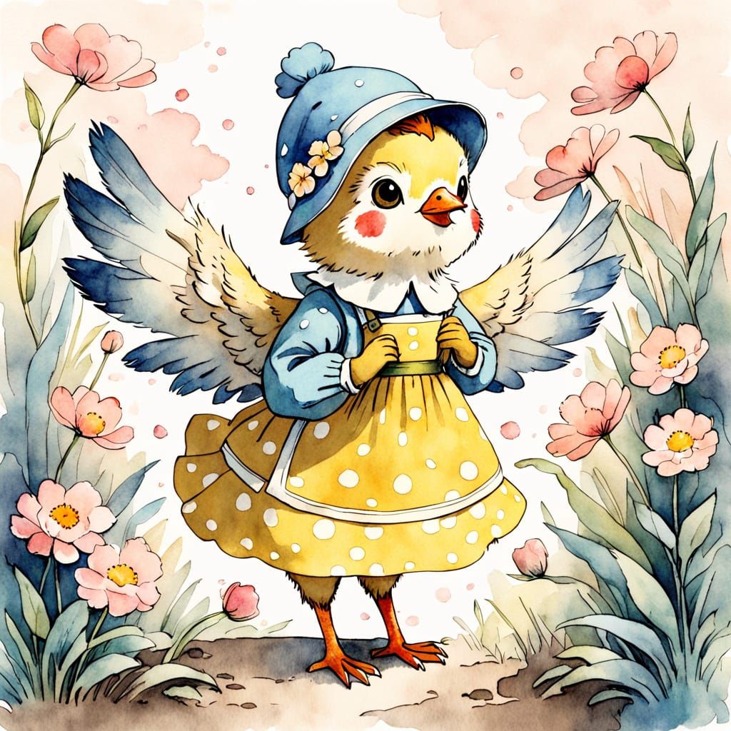 Whimsical Chicken Cub in Sundress with Flower Wing - AI Art