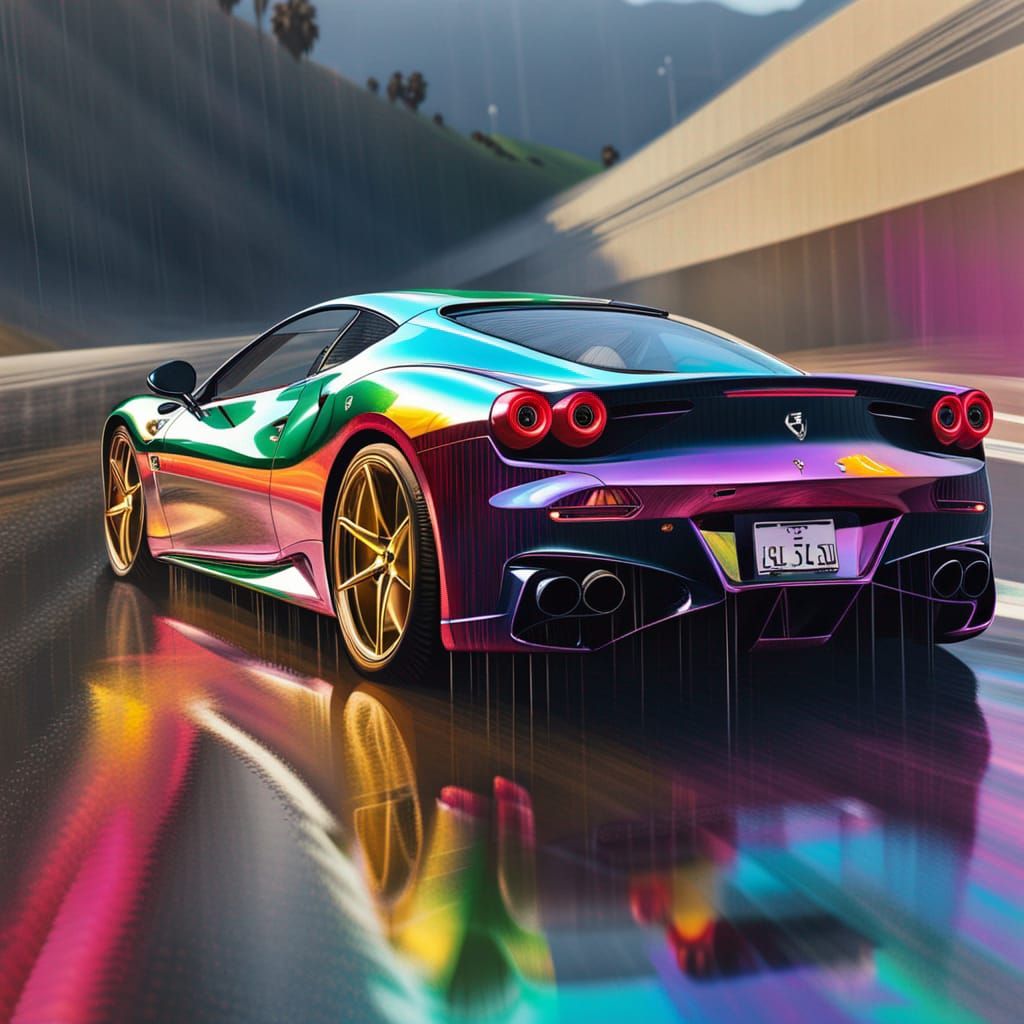 Rainbow chrome Ferrari driving on wet LA freeway Hyperrealistic, splash ...