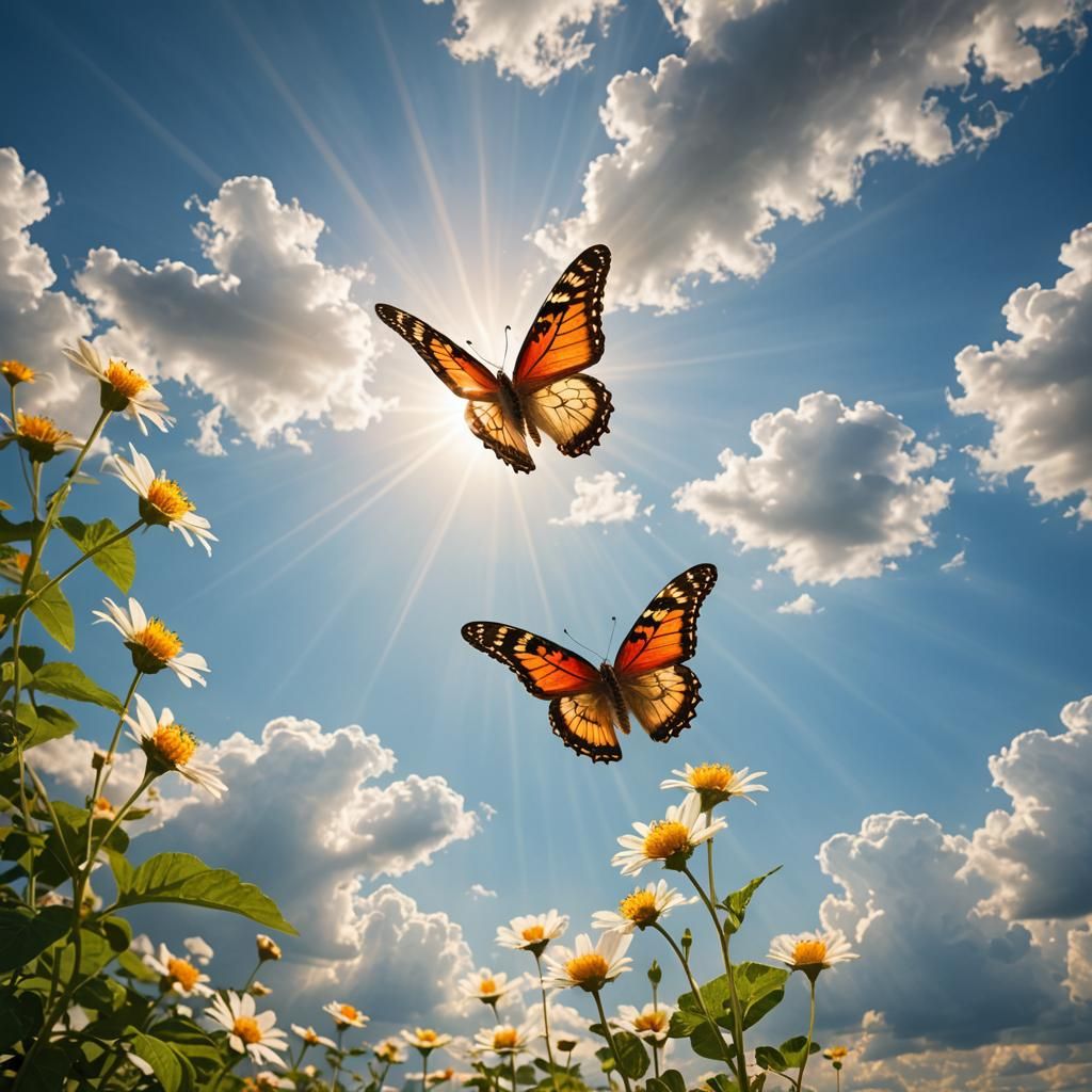 a butterfly flying high in the sky heavenly sunshine beams divine ...