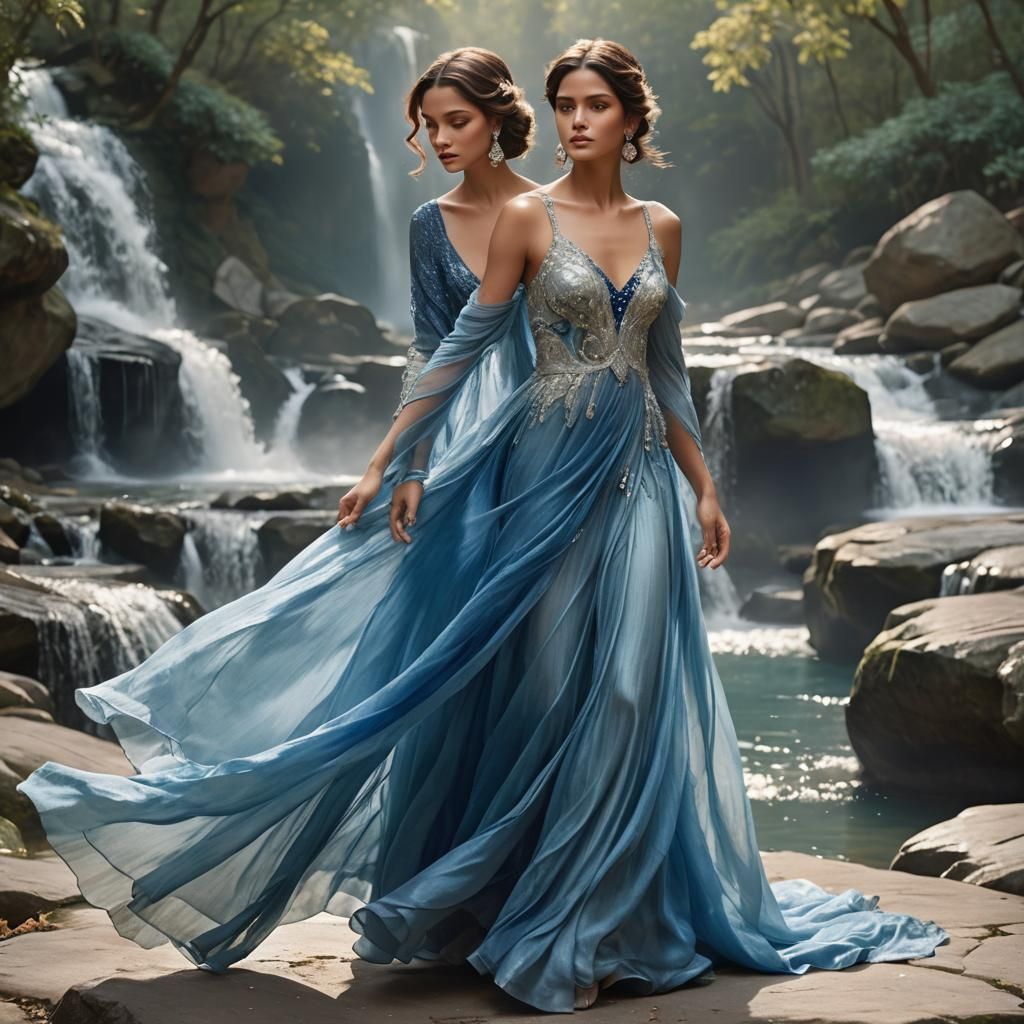 She walks with an air of grace, adorned in a flowing azure gown that ...