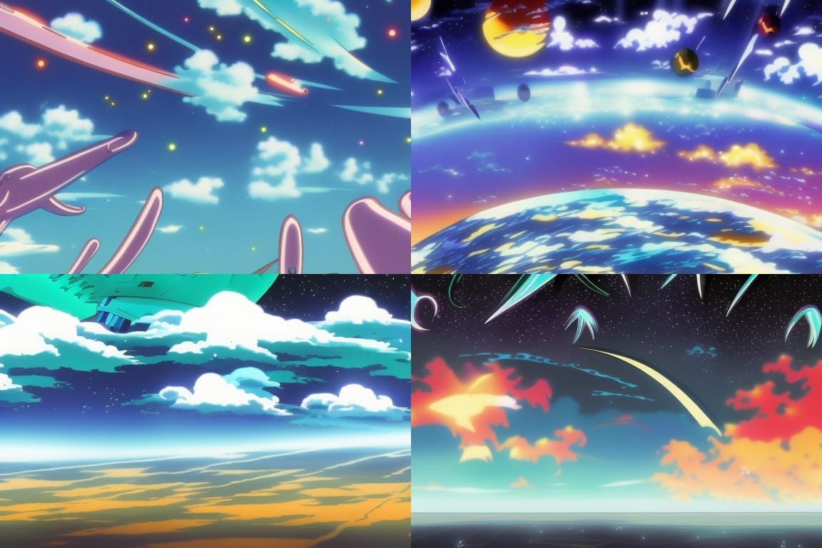 anime background , sky with with lots of alien spaceships visible at ...