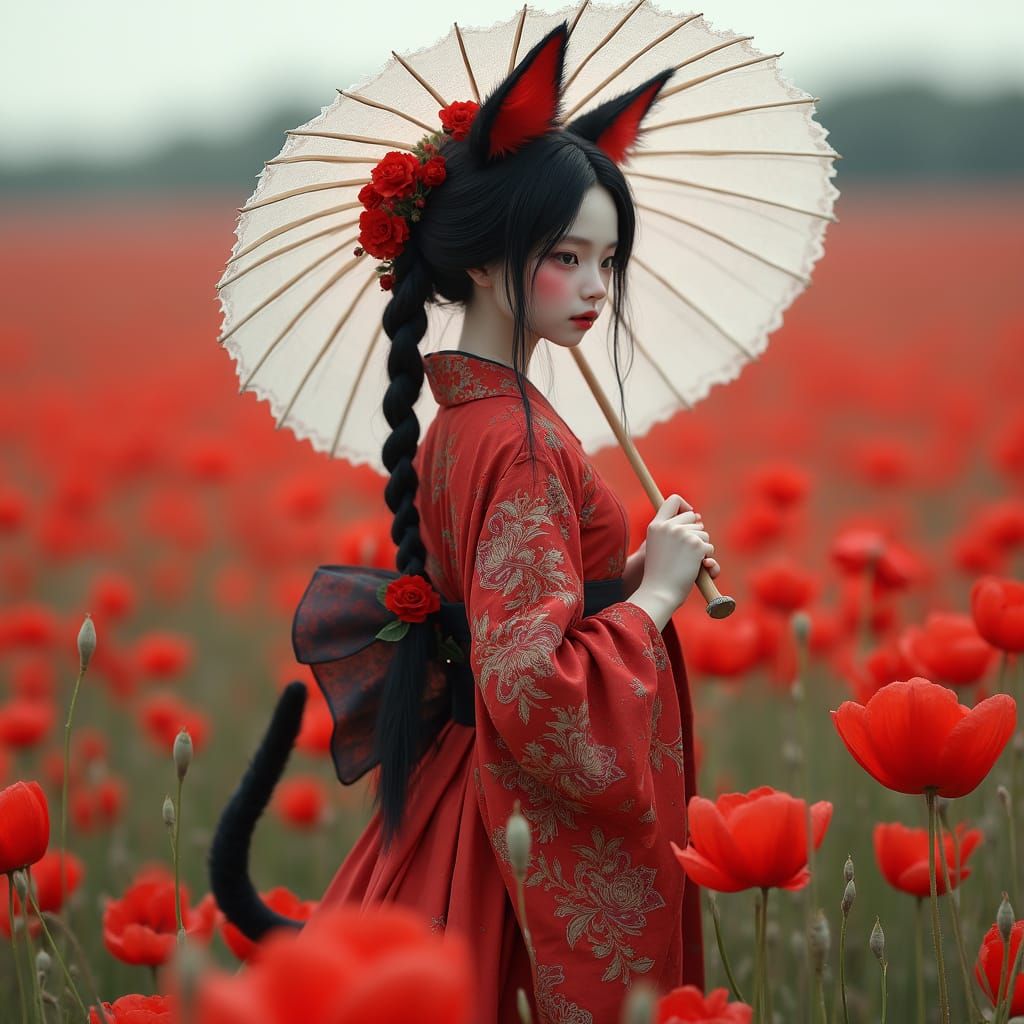 Poppy field - Ethereal Gothic Cat Lady in a Vibrant Red Pop...