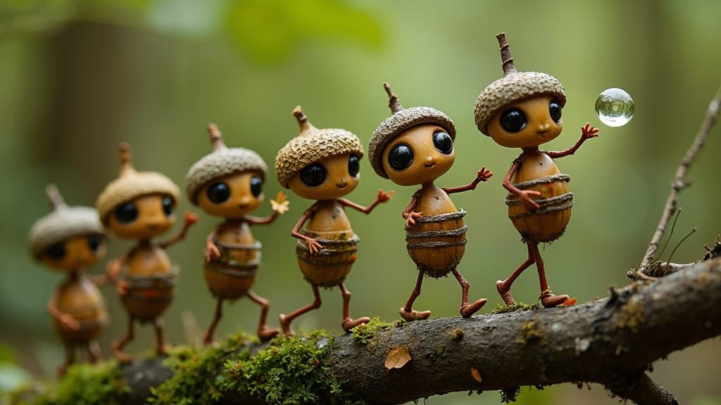 Whimsical Alien Acorn People in Forest Film Still - AI Art