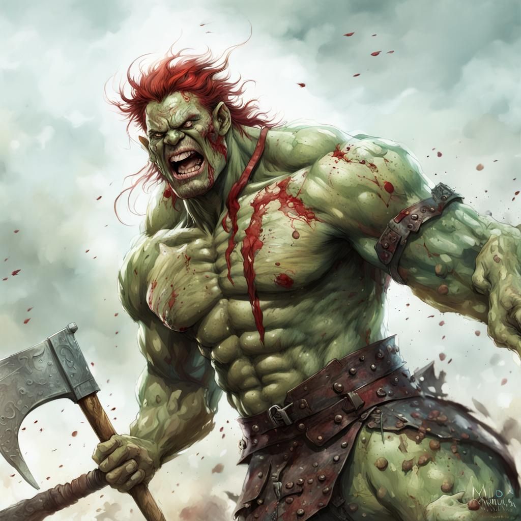 angry OGRE wields axe on battlefield. green skin, strong body, armor ...