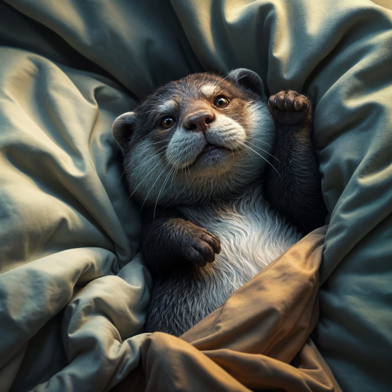 Whimsical Half Otter Cat Relaxing in Bed with Luxu... - AI Art