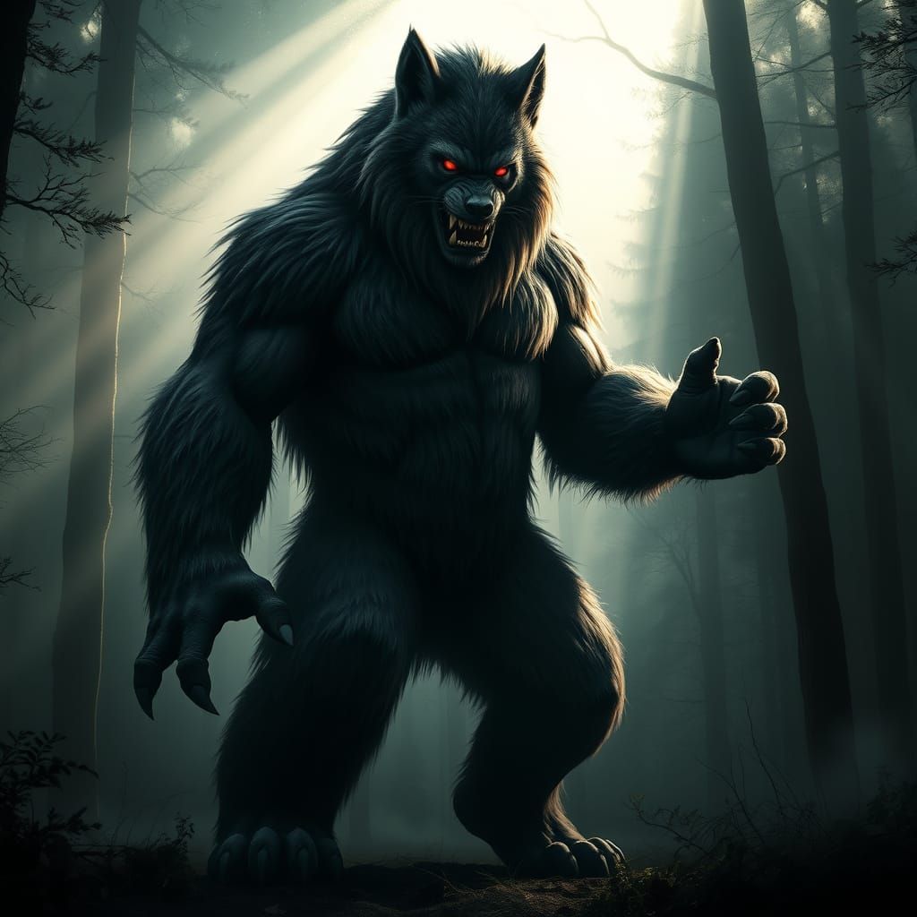 Mythical Werewolf Illuminated in Dark Forest - AI Art