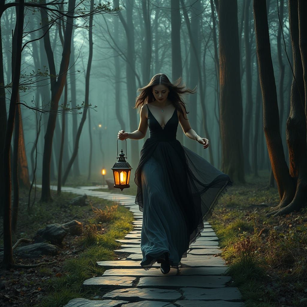 Ethereal Gothic Goddess in Dramatic Forest Landsca... - AI Art