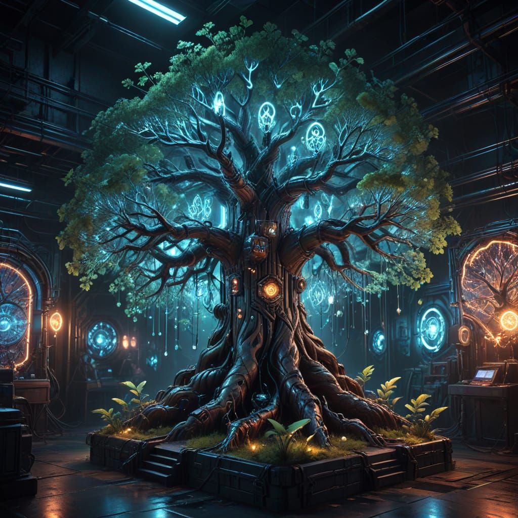 Cyberpunk Tree of Light and Circuits - AI Art