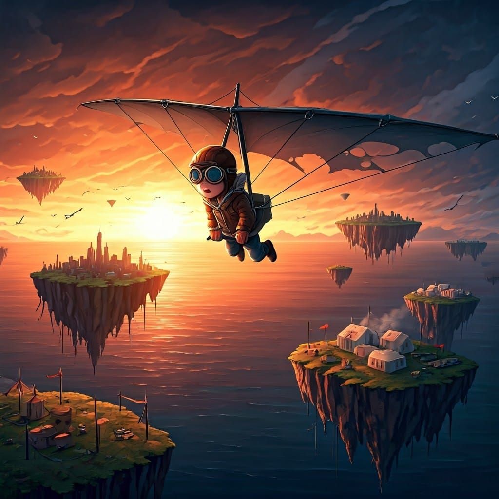 A concept art for a game of a small 2D cell shaded boy in a hang-glider ...