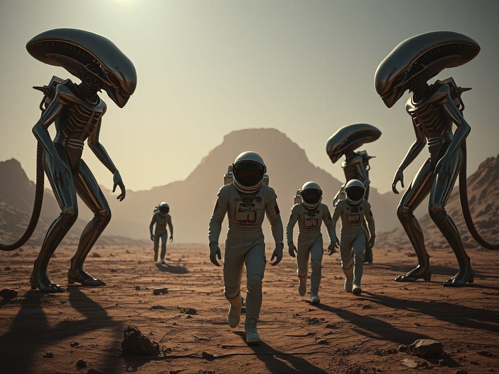 Astronauts walking between gigantic chrome Alien statues on abandoned ...