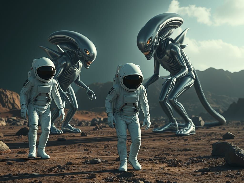 Astronauts walking between gigantic chrome Alien statues on abandoned ...