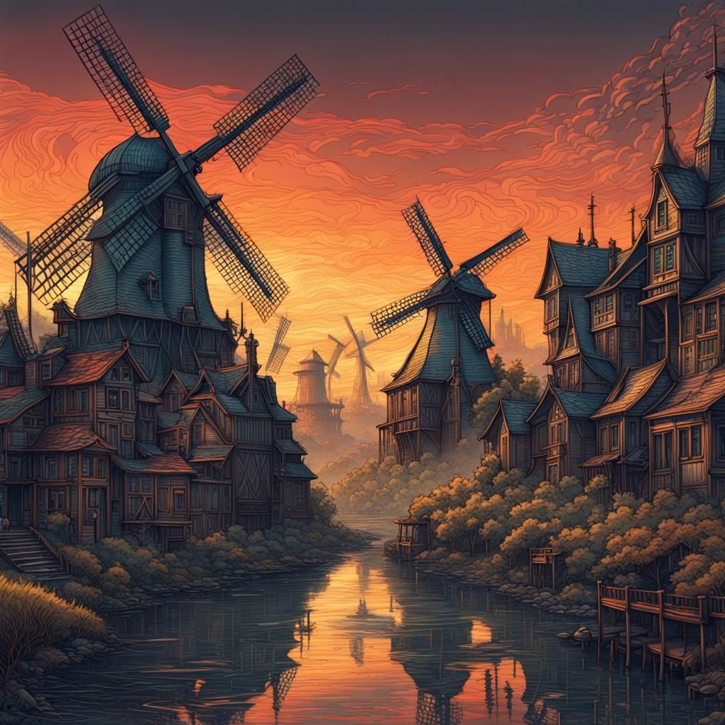 Windmills at Dusk - AI Generated Artwork - NightCafe Creator