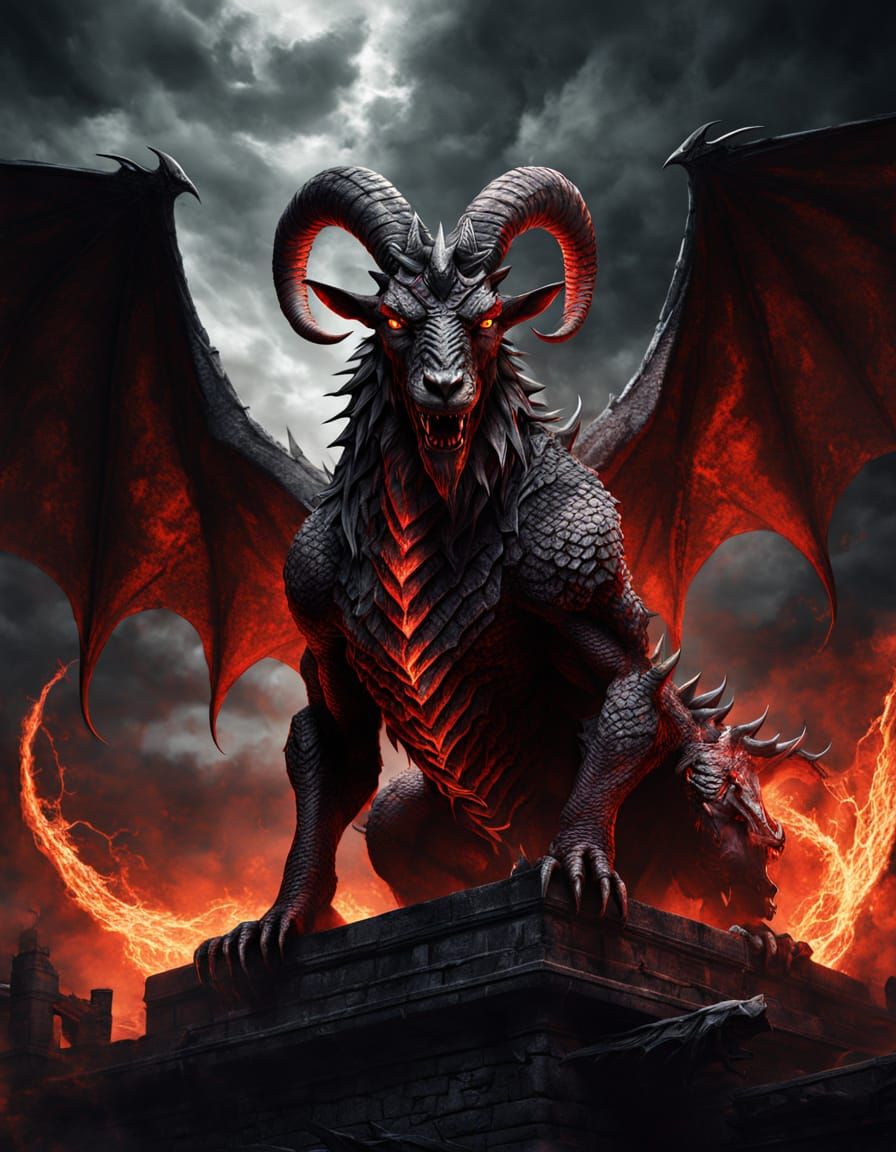 Gothic Demon Rides Dragon Among Dark Clouds - AI Art