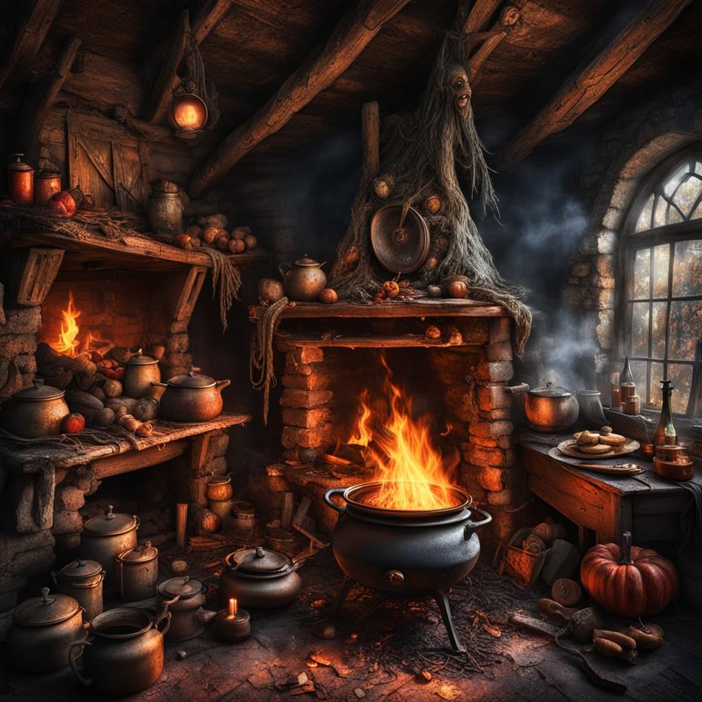 A coven of medieval witches in a decrepit cottage over a boiling pot ...