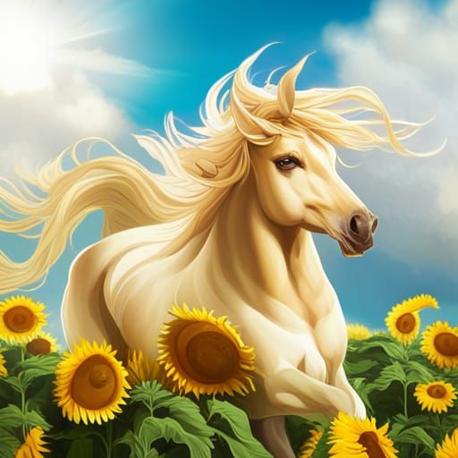 Golden Stallion Running Through Sunflower Field - AI Art