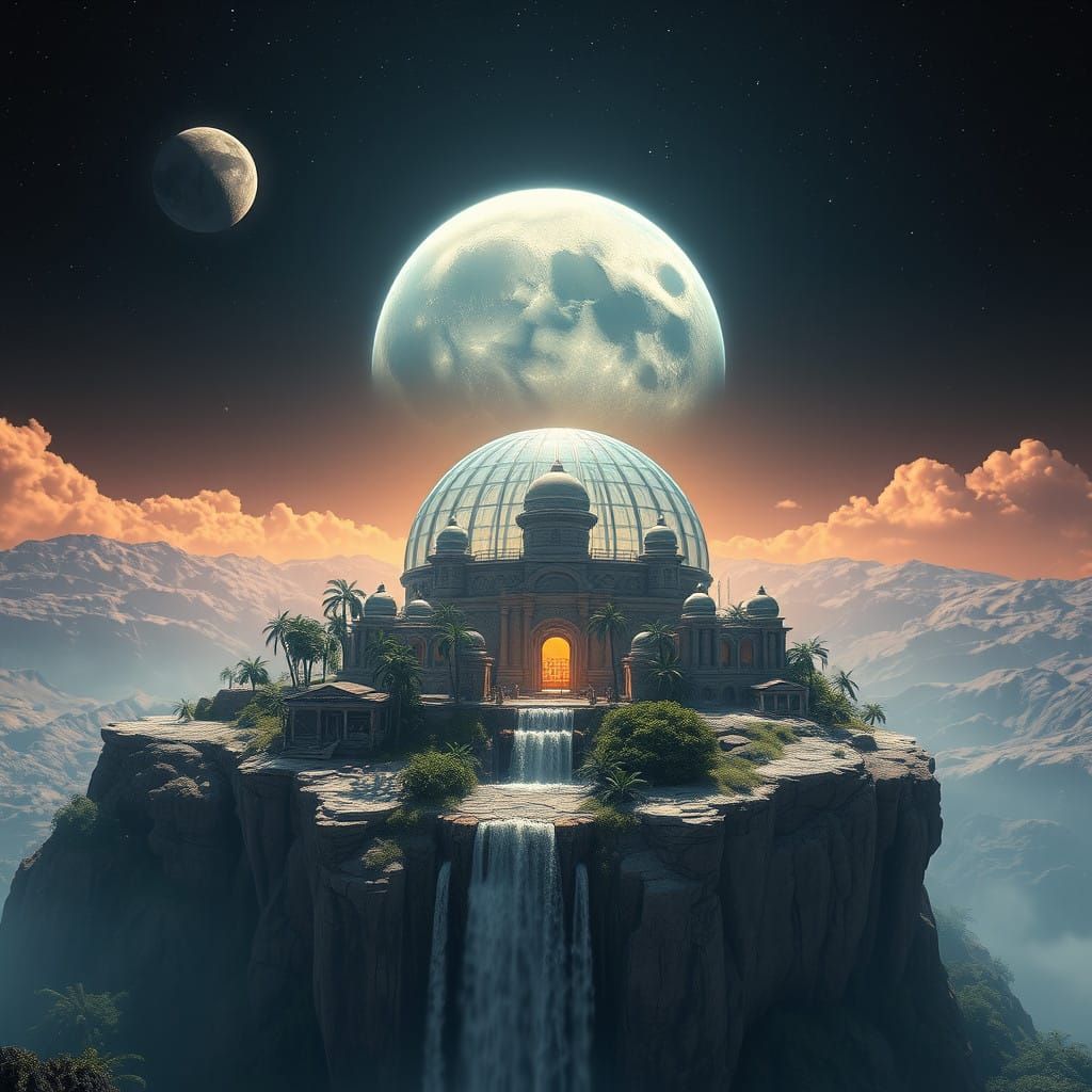 Ethereal Lunar Oasis in Vibrant Hues - AI Art