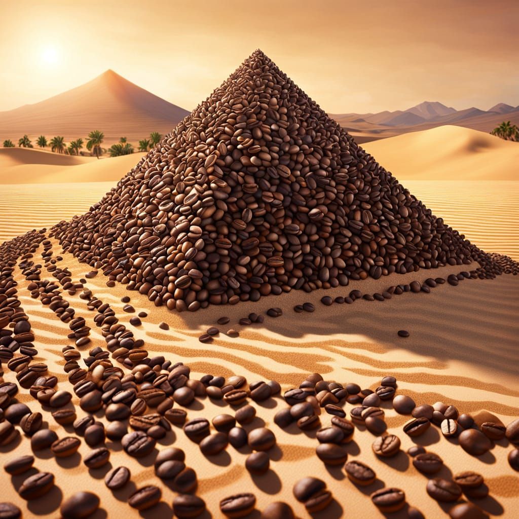 Coffee Bean Pyramid in Desert: Hyper-Realistic Oil... - AI Art
