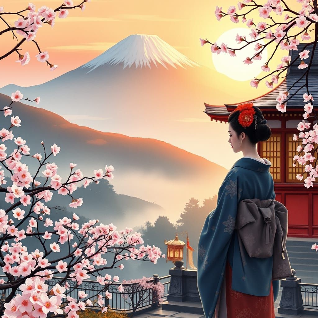 Serene Geisha in a Silkpunk Monastery Garden at Su... - AI Art