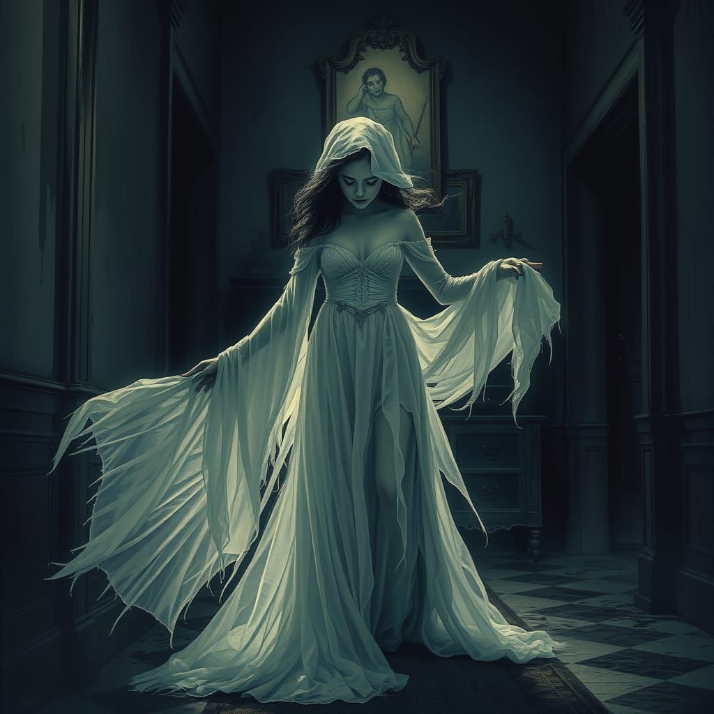 Ghostly Female Spirit Haunts a Haunted Mansion - AI Art