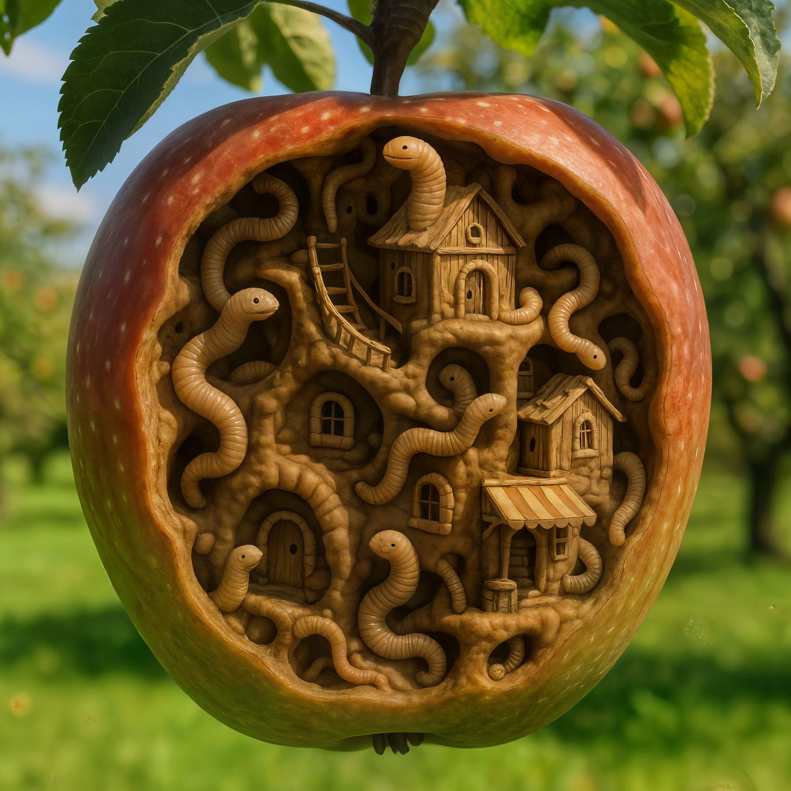 Apple Abode - Hyperrealistic Worm Village Inside an Apple