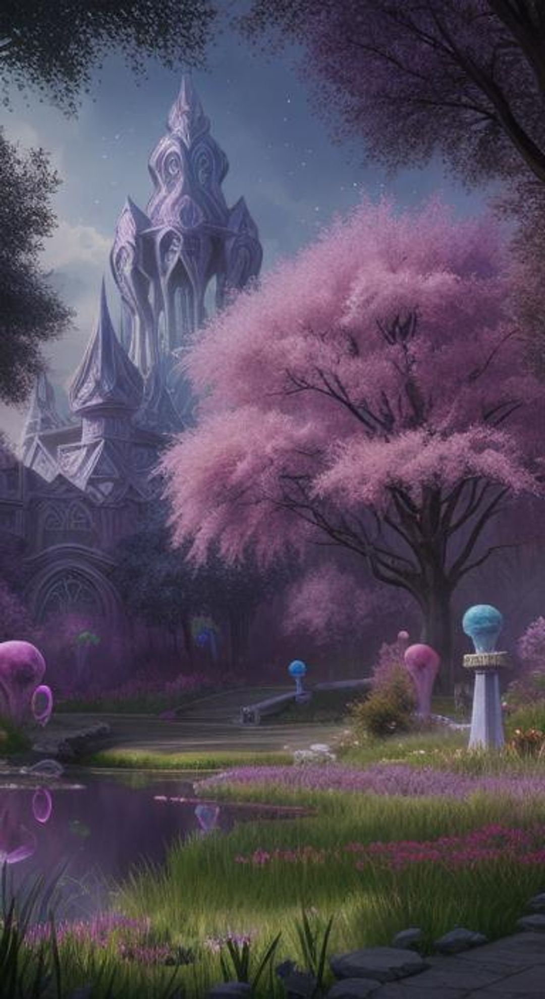 A 3d mystical grassy knoll with weeping willow trees, bushes, and ...