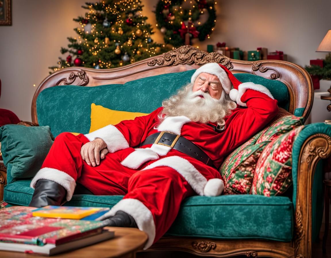 SANTA CLAUS IN HIS HOME ALSEEP ON THE COLORFUL COUCH - AI Generated ...