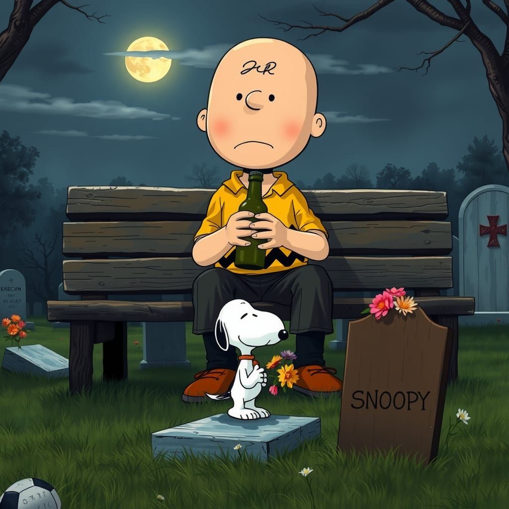 Photorealistic picture of Charlie Brown drinking a beer at snoopy’s grave.