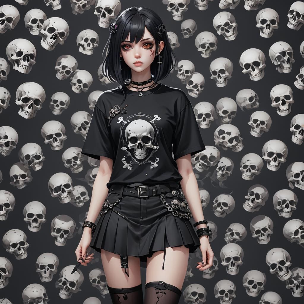 Goth girl wearing a over larged t-shirt with skulls on it and a black ...