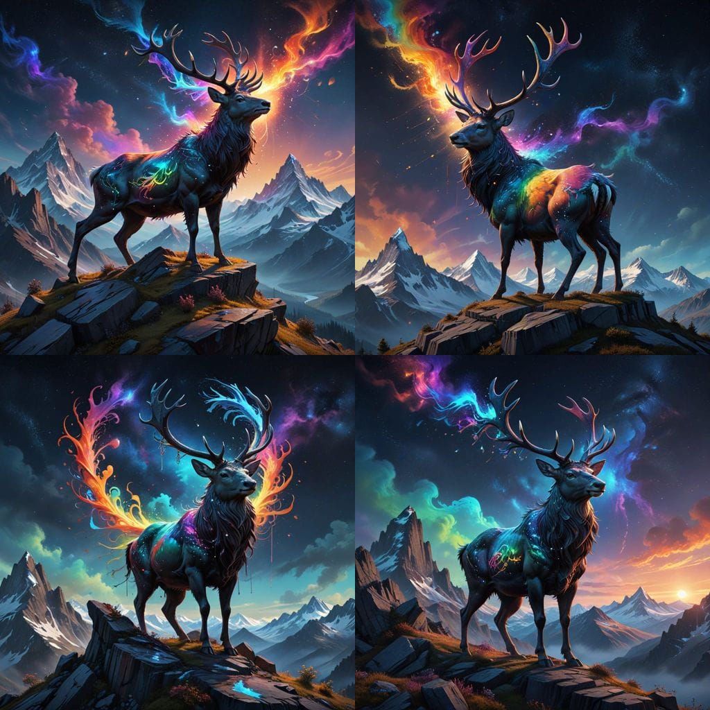 Imagine a spectral iridescent rainbow stag standing proudly on a ...