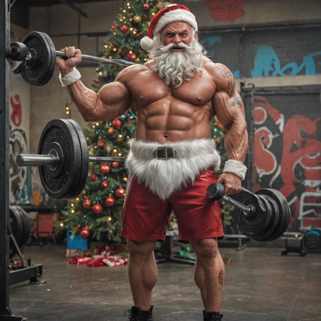 A Christmas power gym scene with a hyperrealistic, ultra muscular ...