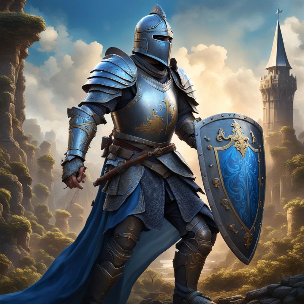 A knight in full armor, a blue plume on his helmet, and a blue rimmed ...
