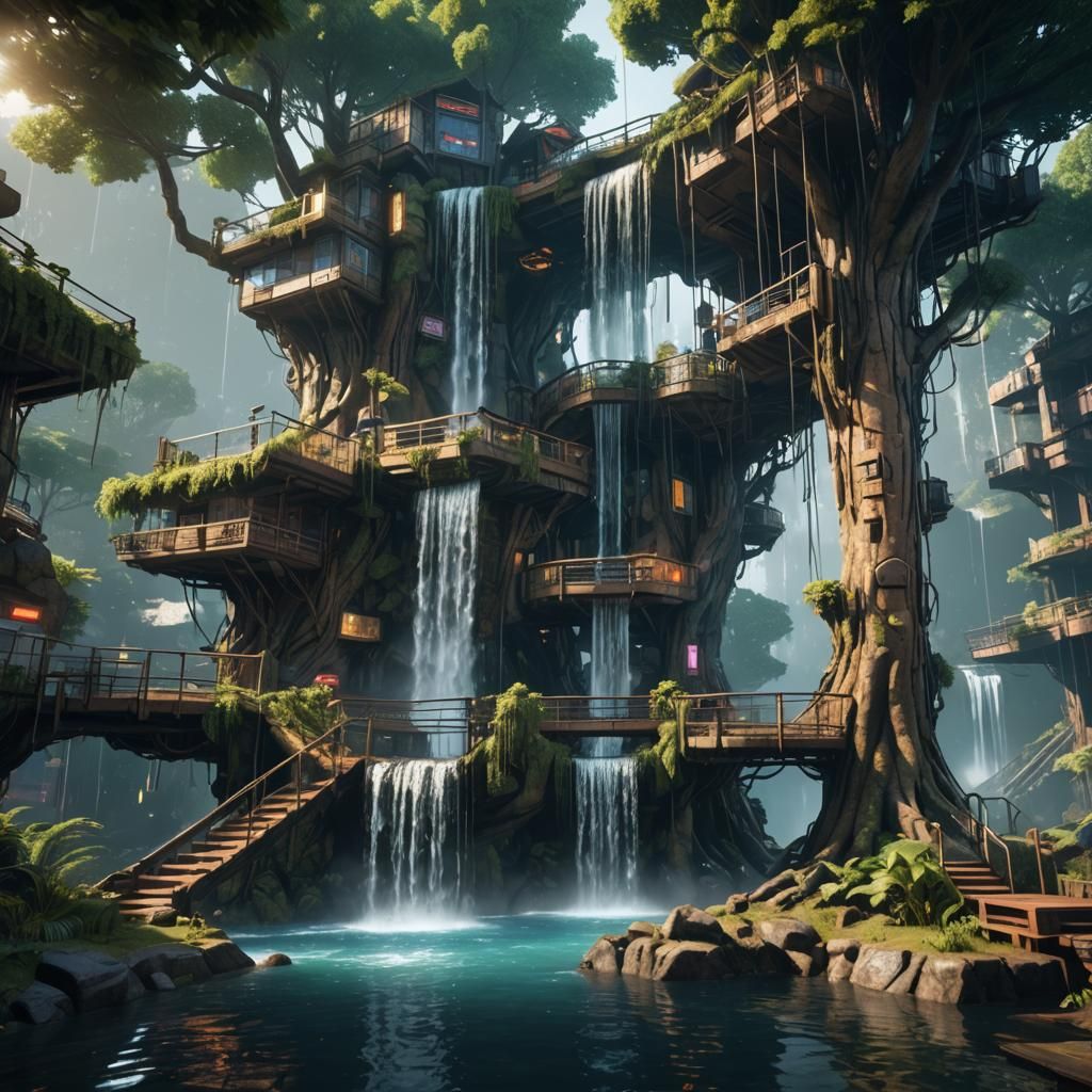 waterfall tree fort - AI Generated Artwork - NightCafe Creator