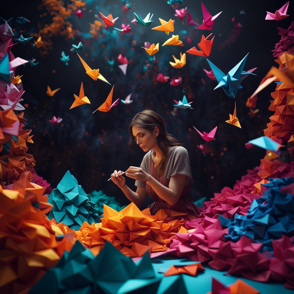 woman doing origami with colorful paper - AI Generated Artwork ...