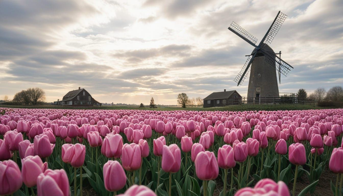 A field of vibrant pink and purple tulips stretches to the horizon ...