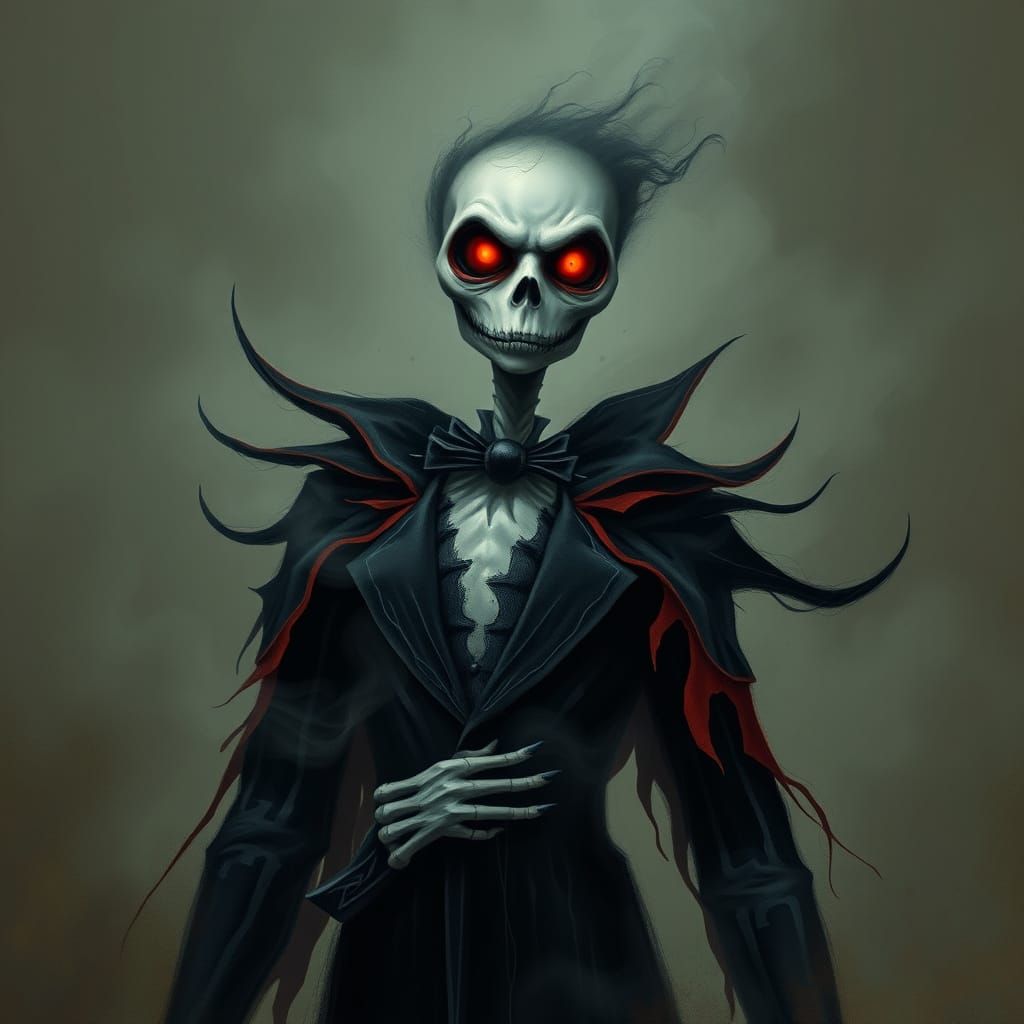 A half-body portrait of Salvador Dalí Skellington, dressed in a dark ...