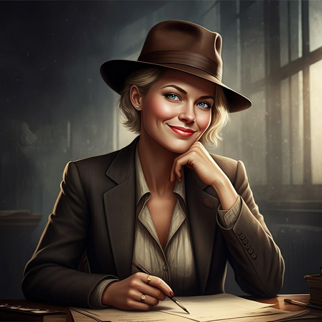 Adventuress - Sultry Film Noir Siren Smiles in Dimly Lit Off...