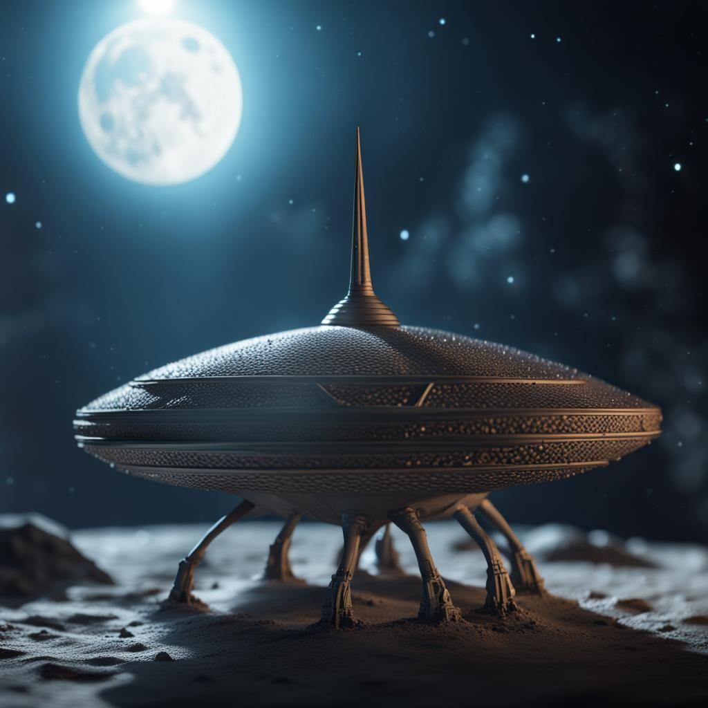 Photograph, Macro, medieval alien spaceship with medieval alien in it on the moon, depth of ...