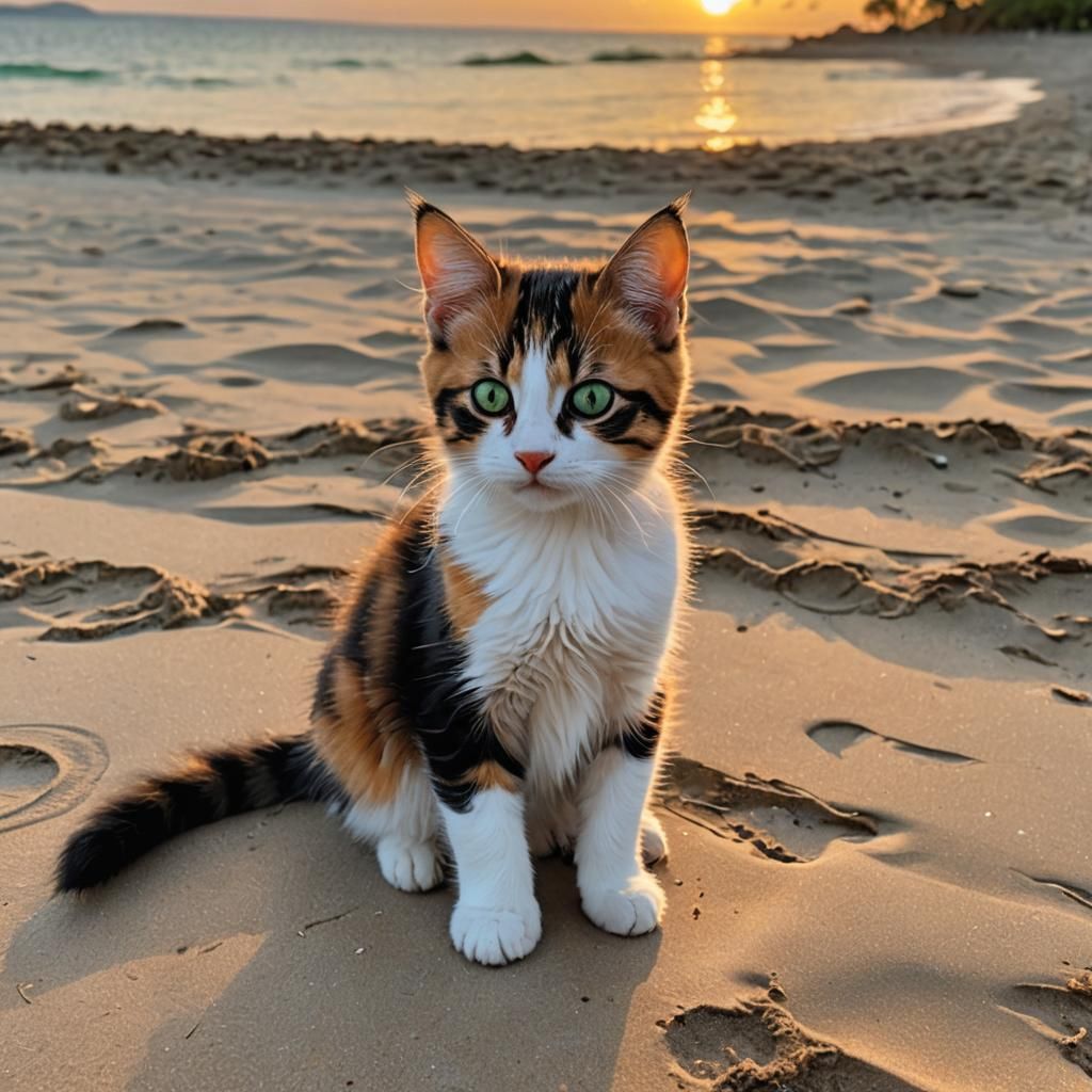 A happy calico kitten with green eyes - AI Generated Artwork ...