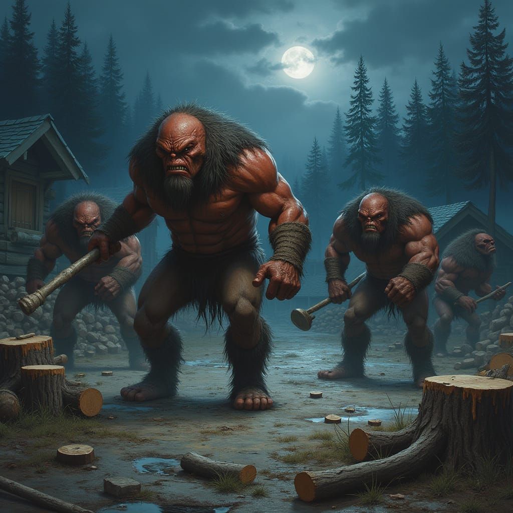 A hyper-realistic portrait of several Fomorians (large muscular ...