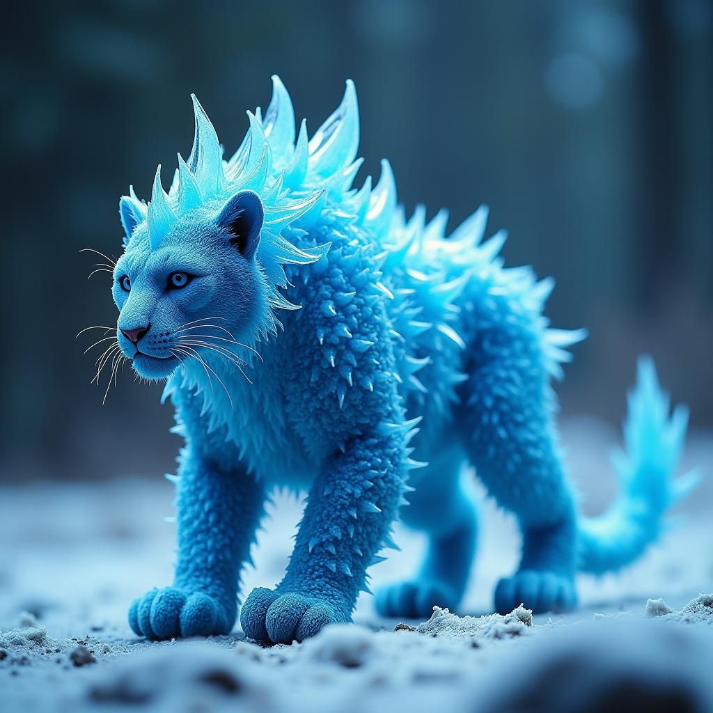 Full body, side view, An Ice demon Panther, Cyan fur mixed with blue ...