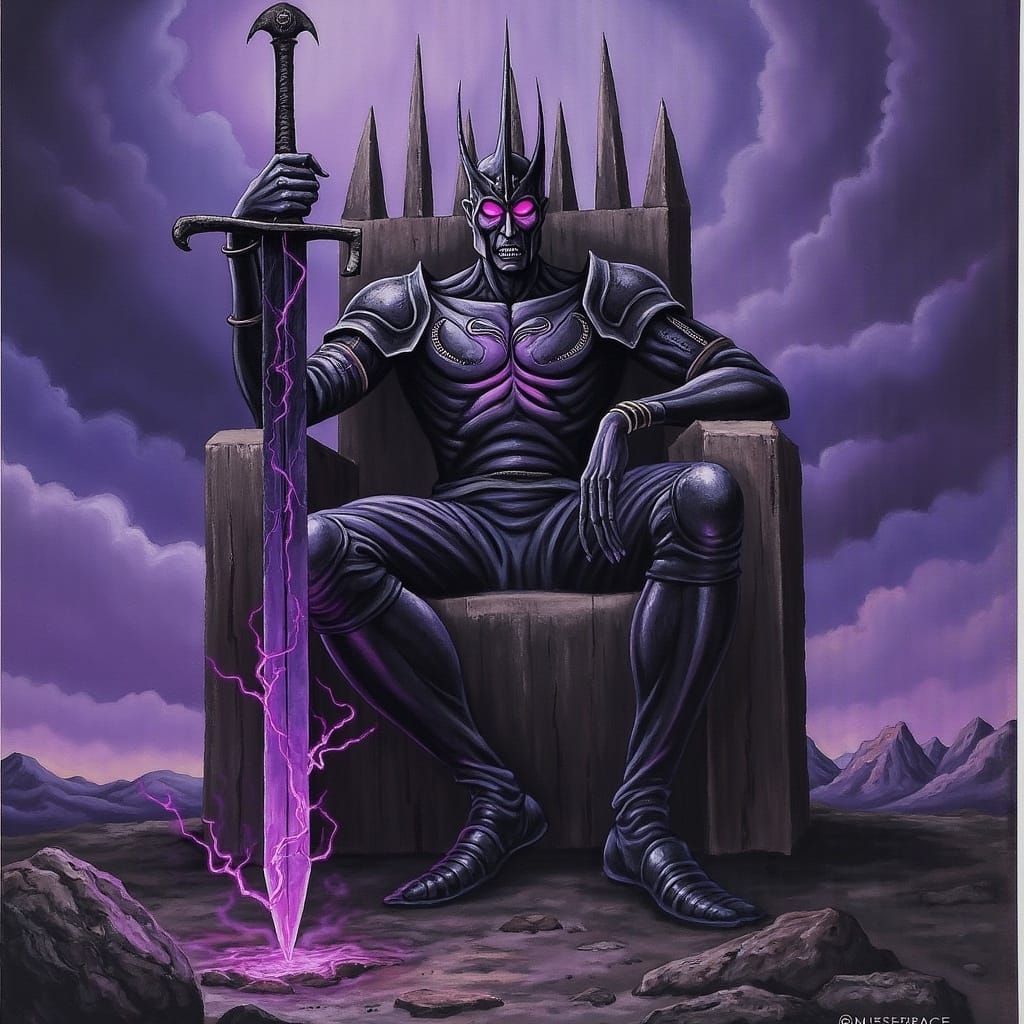 The Evil Dark King sits menacingly on a throne of jagged obsidian, its ...