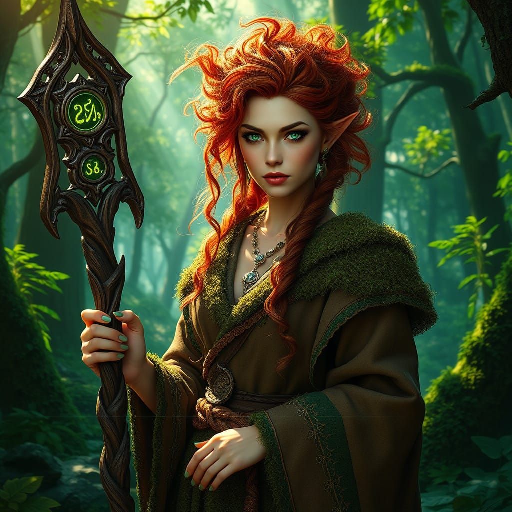 Wood Elf Maiden in Lush Forest with Gnarled Staff - AI Art