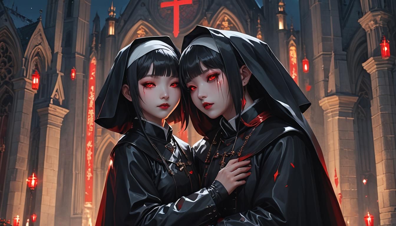 two asian Vampire Nuns outside the church at night dressed in patent ...
