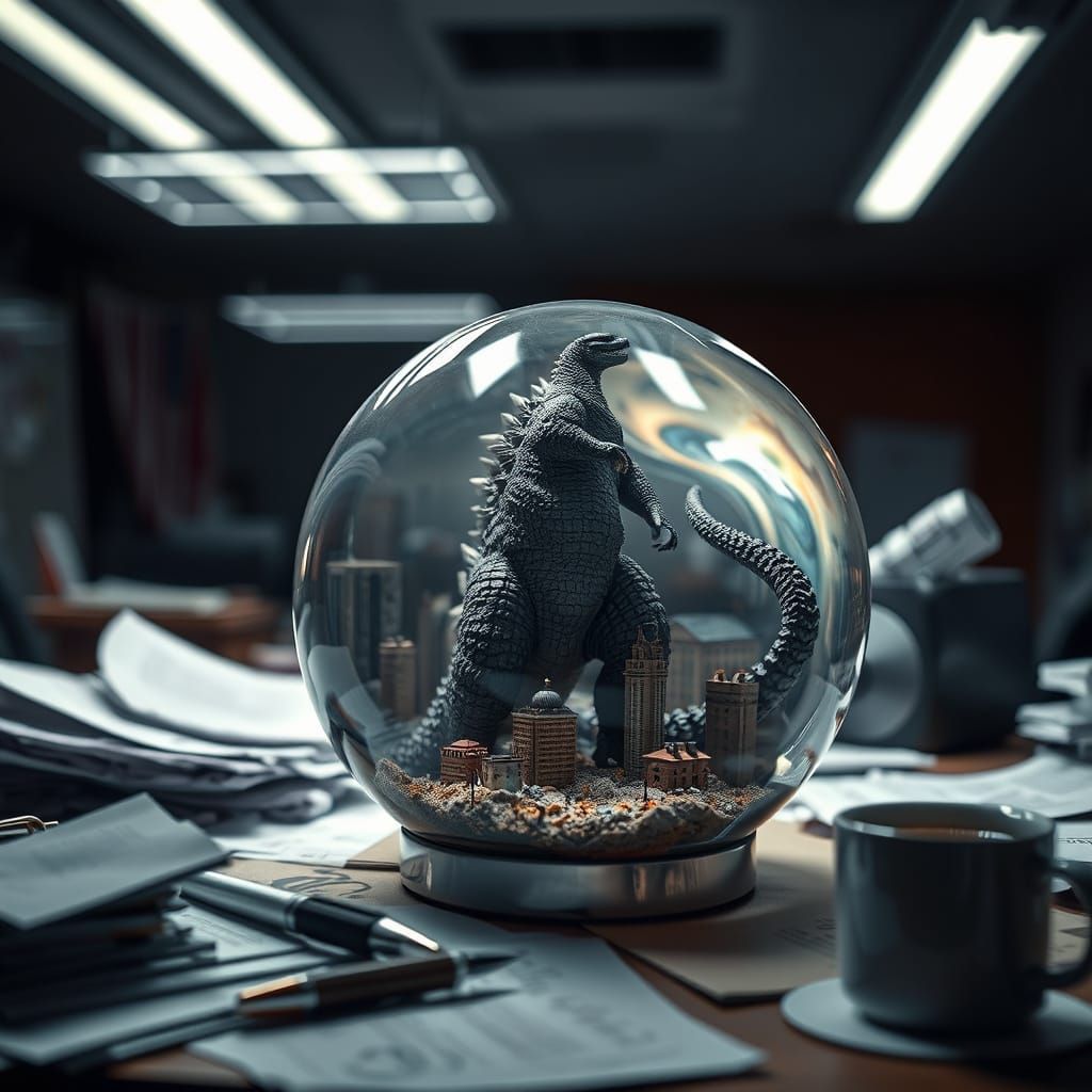 Godzilla within Crystal Orb on Cluttered Office Wo... - AI Art