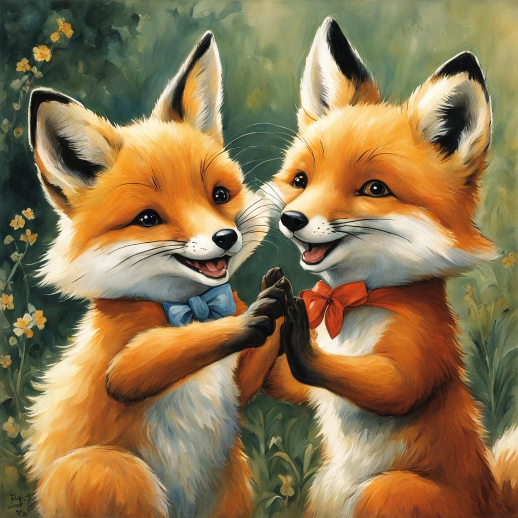 painting of two happy fox-friends doing a high-five by Beatrix Potter ...